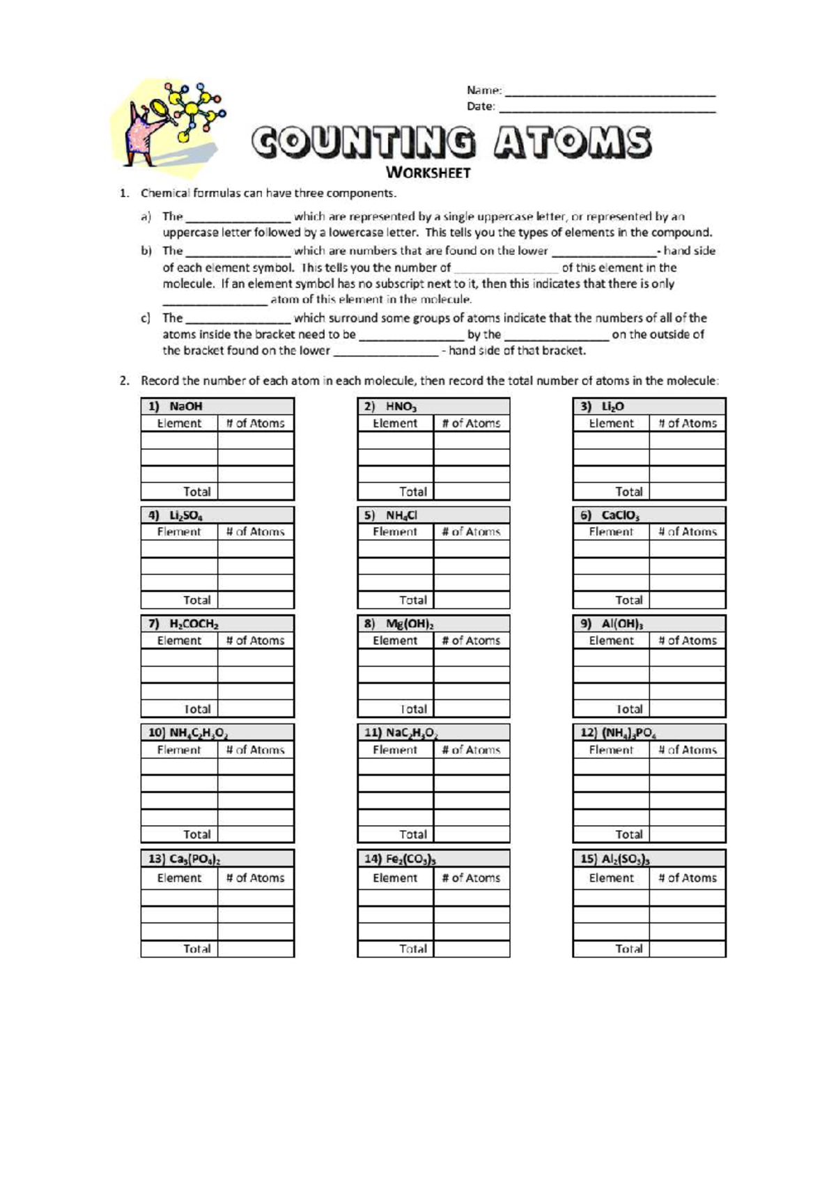 Counting Atoms Worksheet - Chemistry 101 - Studocu