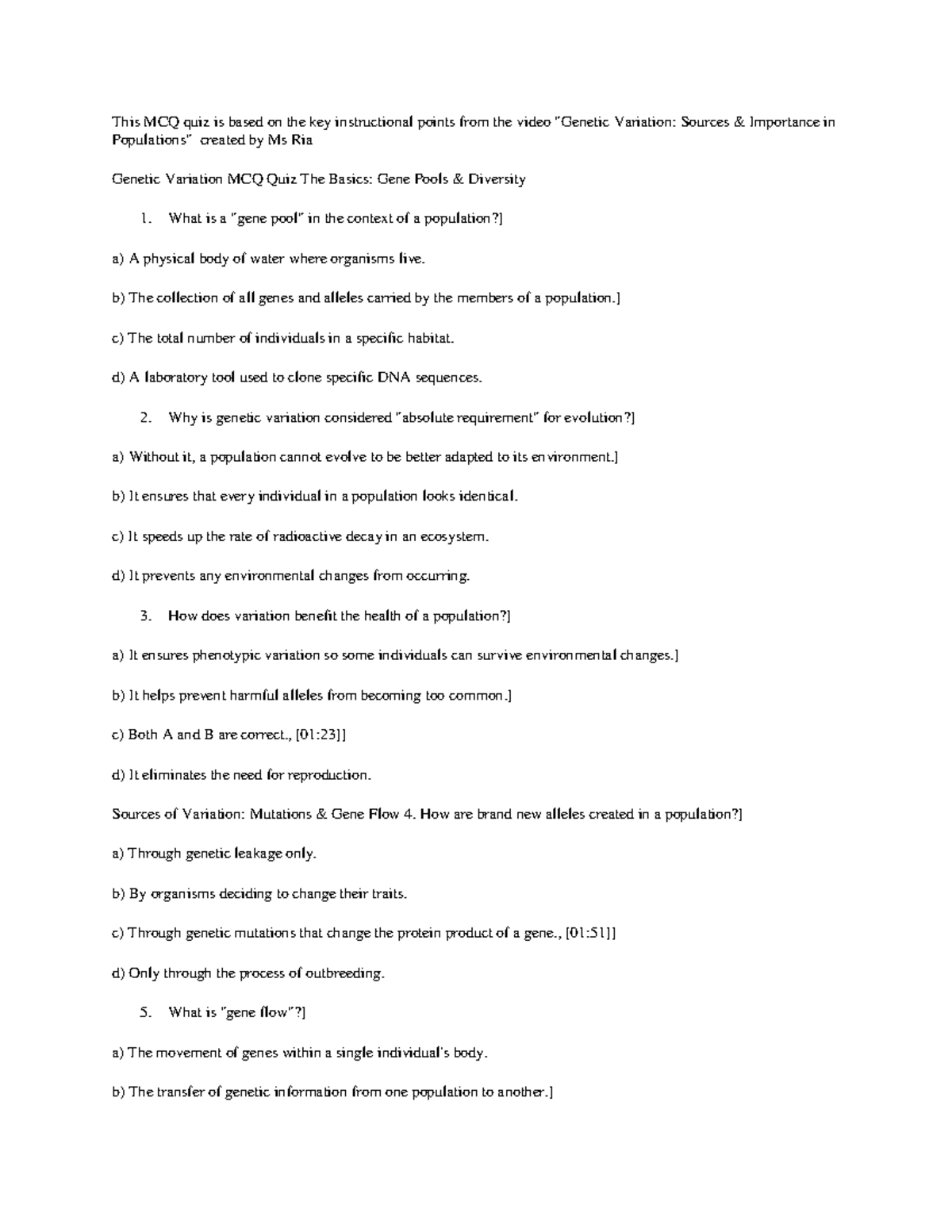Genetic Variation MCQ Quiz (Course Code: 1773492587) - Studocu