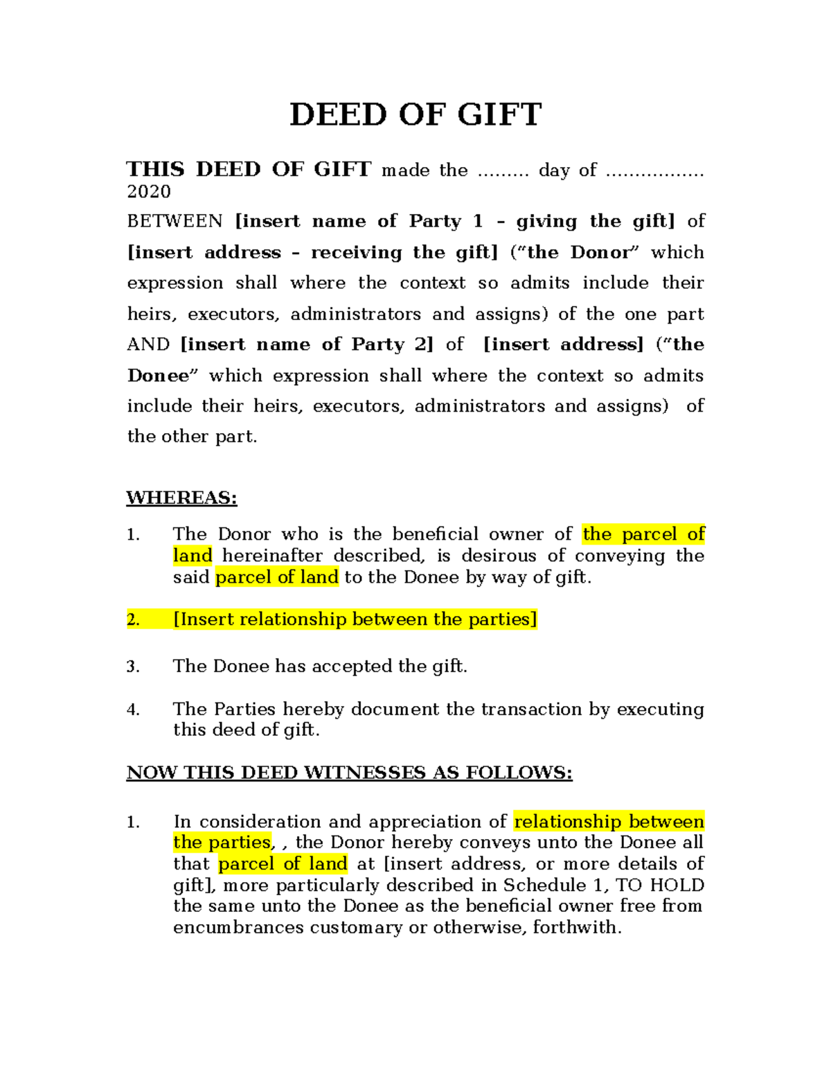 Deed of Gift Template: Legal Document for Property Transfer - Studocu
