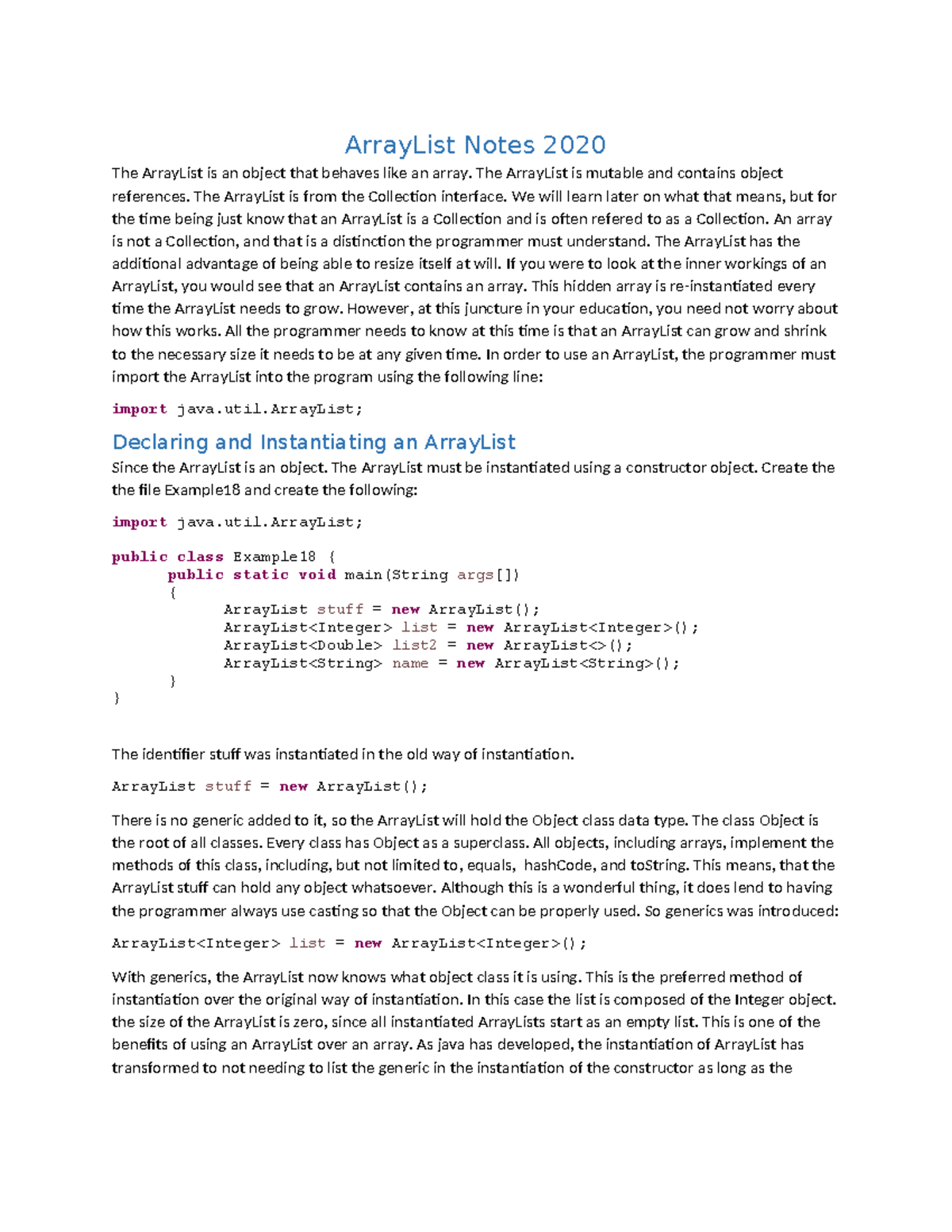 Arraylist Notes Cs101 Understanding Arraylist Basics And Methods
