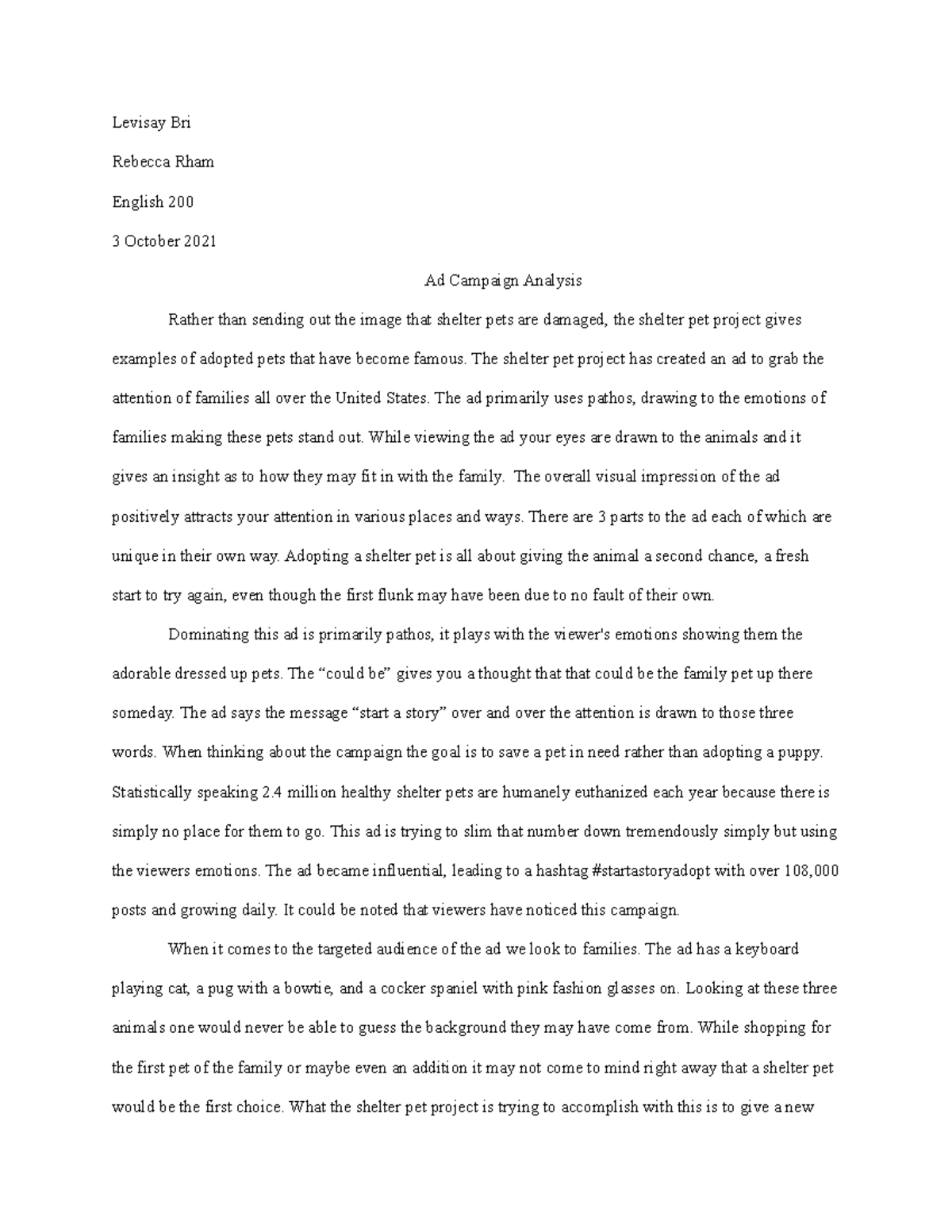 English 200: Ad Campaign Analysis - Shelter Pet Project Insights - Studocu