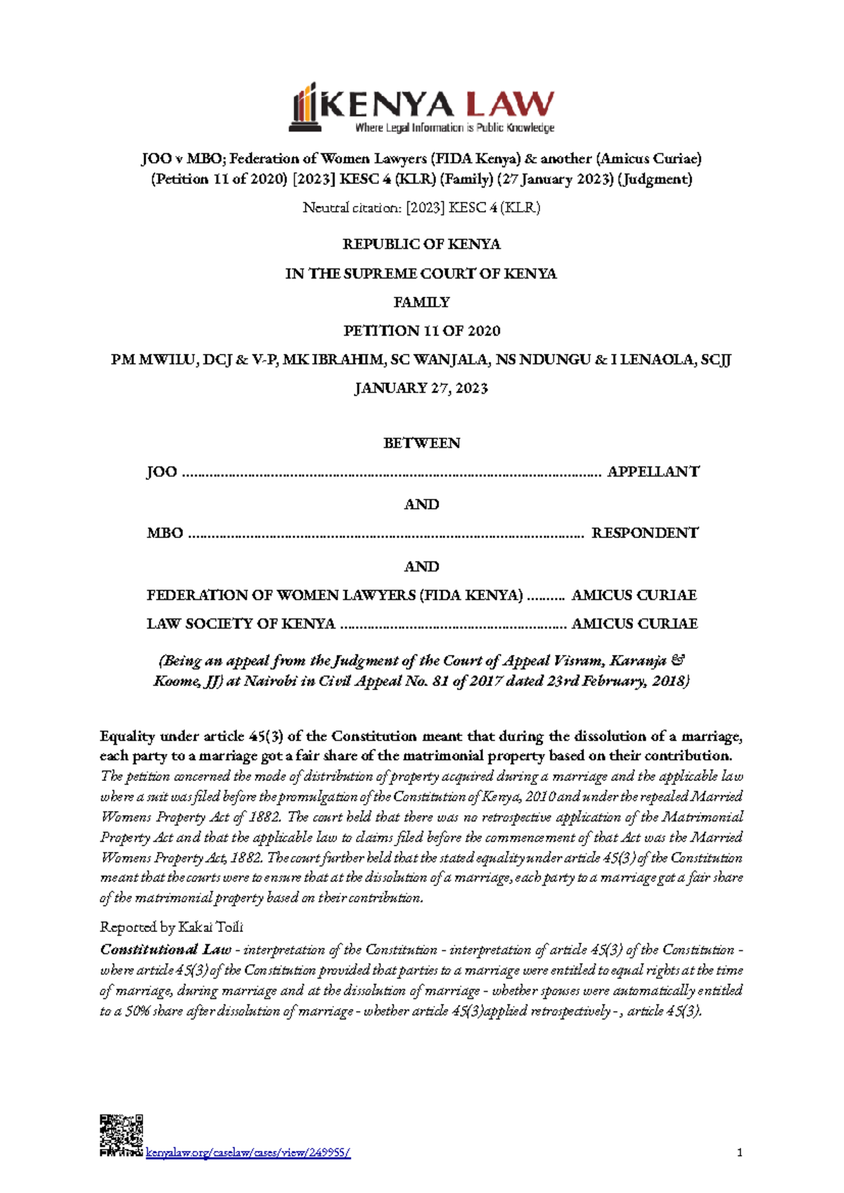 JOO v FIDA Kenya (Petition 11 of 2020) - Supreme Court Judgment ...