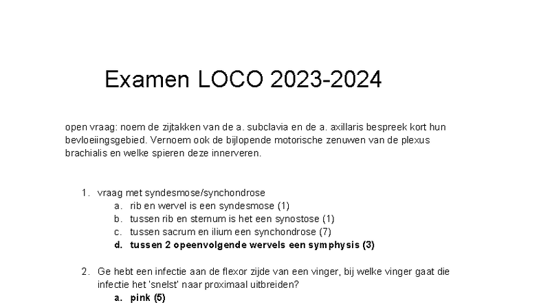 Examen LOCO 2023-2024: Anatomie en Fysiologie Vragen en Antwoorden ...
