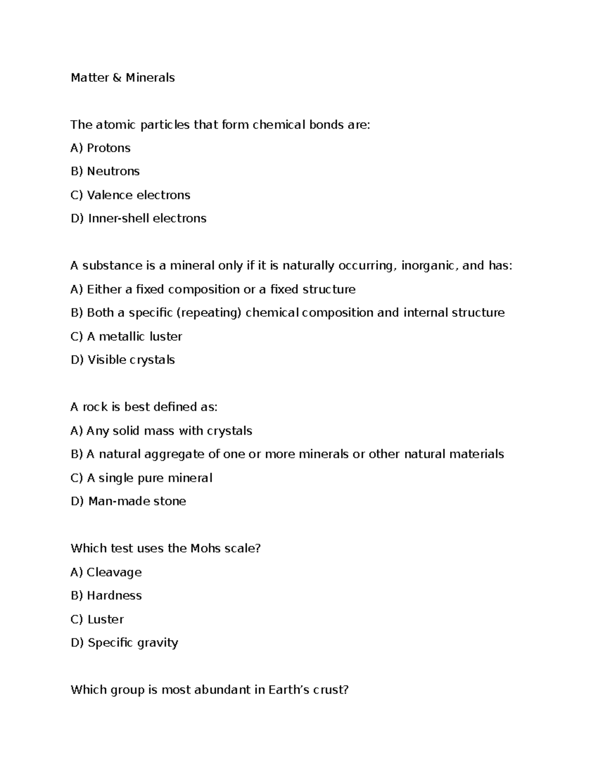Test 4 - Midterm Exam Review: Minerals and Rocks Concepts - Studocu