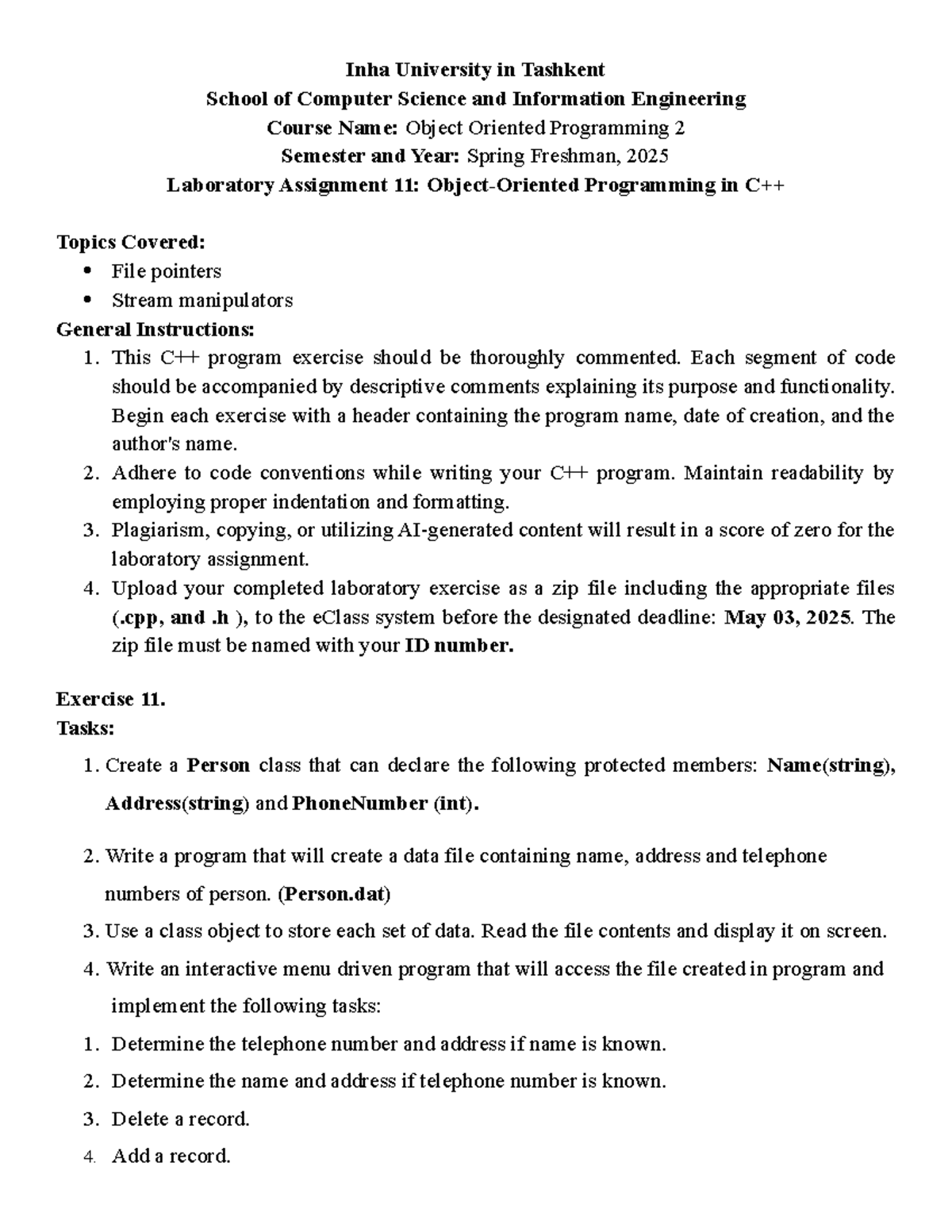 OOP2 Lab Assignment 11: File Pointers & Stream Manipulators - Studocu