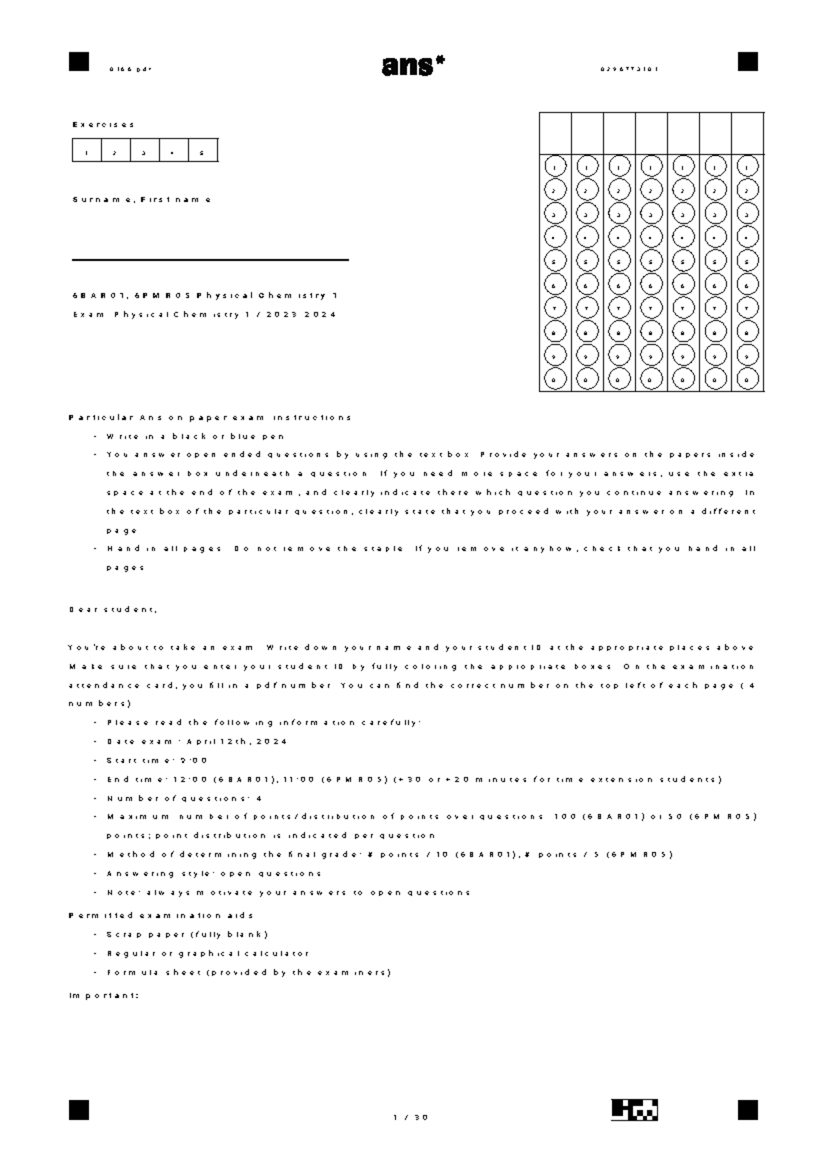 Exam 6BAR01 & 6PMR05: Physical Chemistry 1 Instructions & Exercises ...