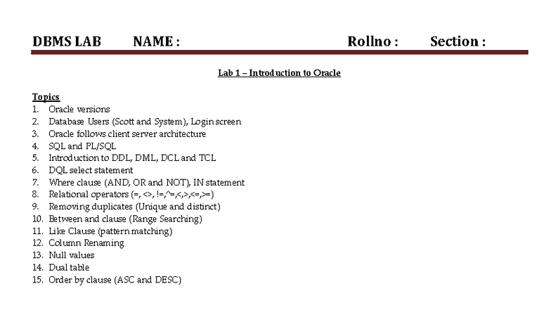DBMS LAB 2022 - Introduction to Oracle and SQL Queries - Studocu
