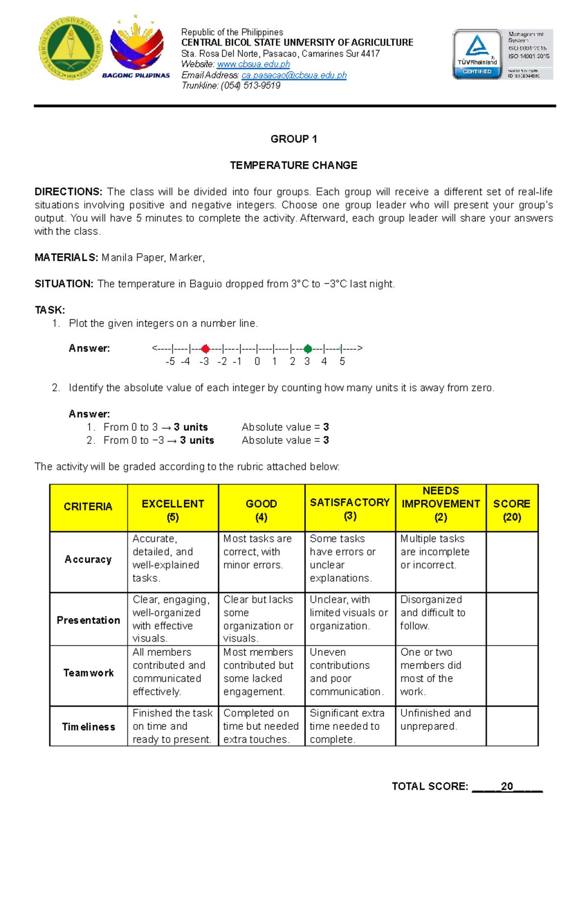 Absolute Value Activity: Group Tasks and Scoring Rubric - Studocu