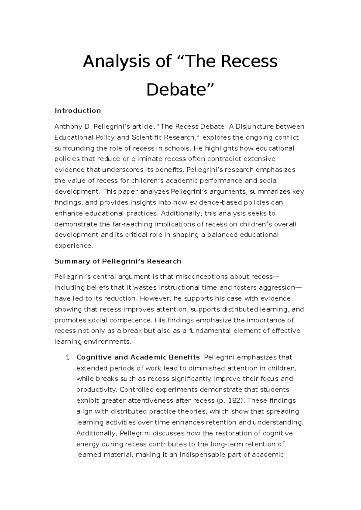 Analysis of The Recess Debate: Educational Insights and Research - Studocu