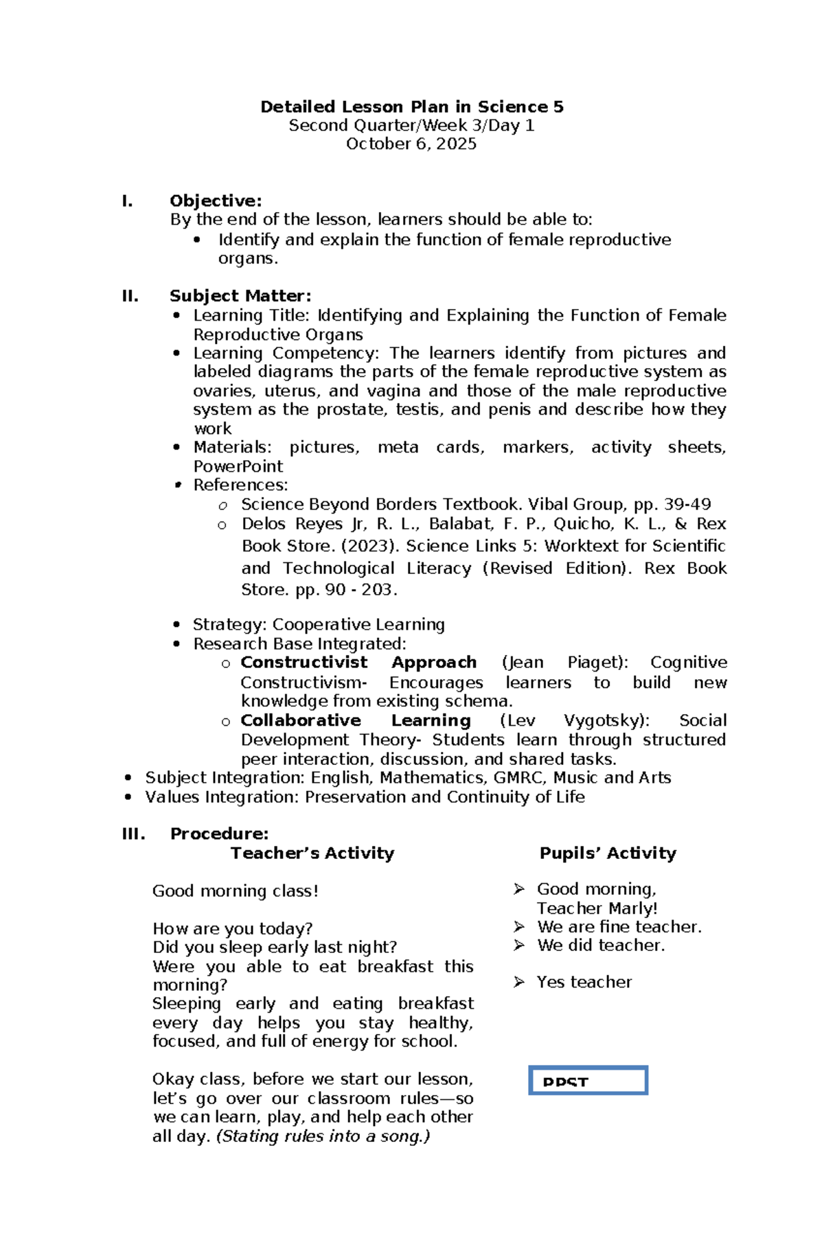 Detailed Lesson Plan: Female Reproductive System - Science 5 - Studocu