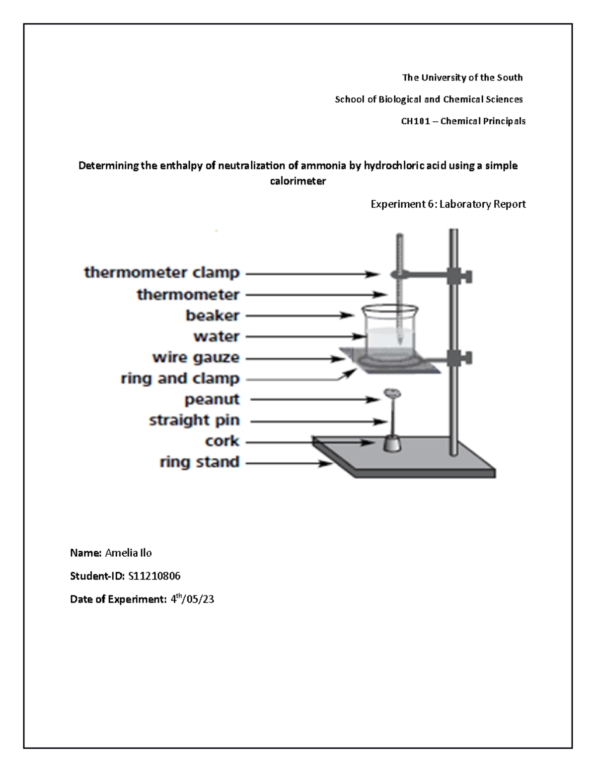 CH101 lab 6 - Experiment 6 - The University of the South School of Biological and Chemical ...