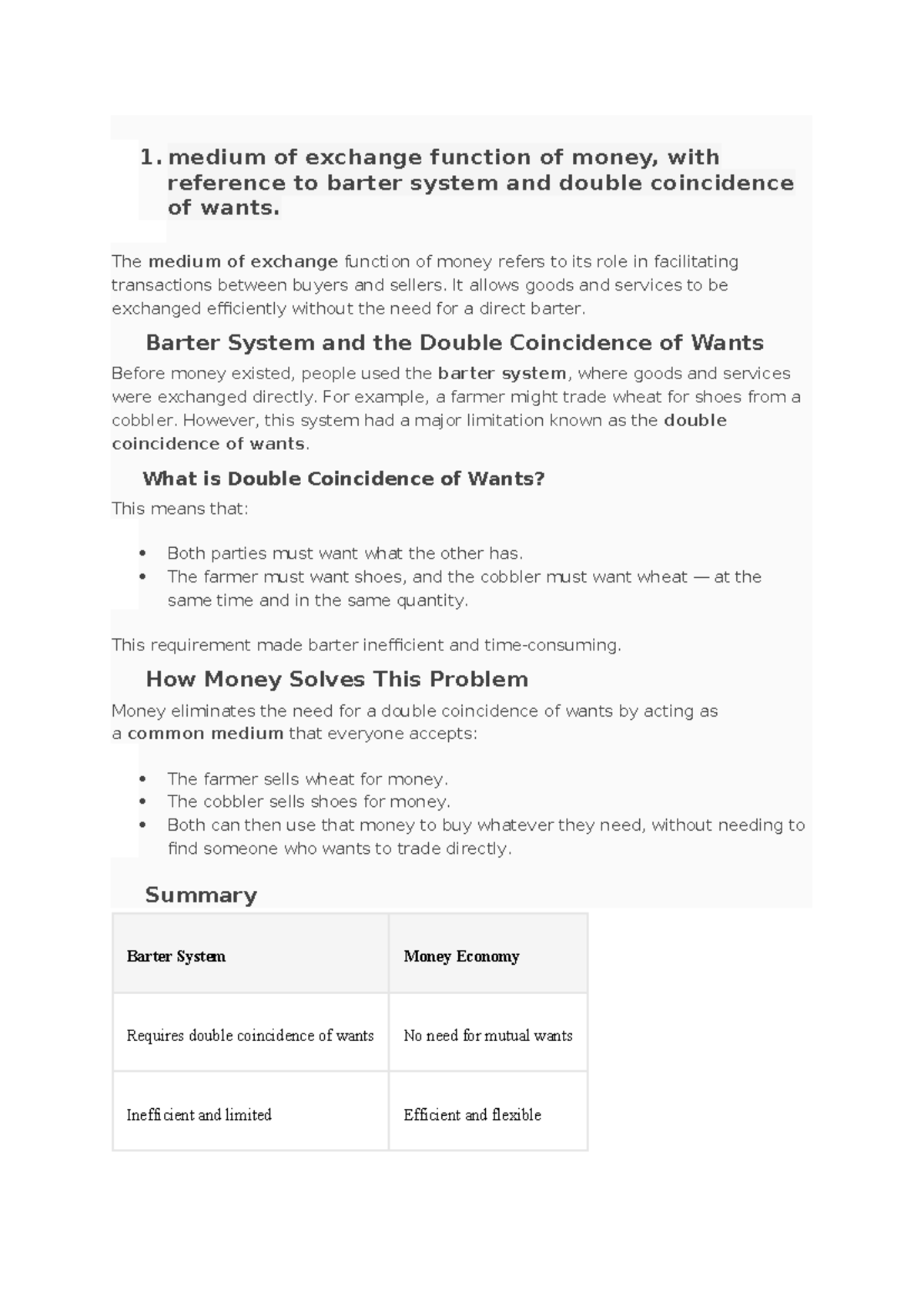 ECO 512 - Medium of Exchange: Money vs. Barter System Analysis - Studocu