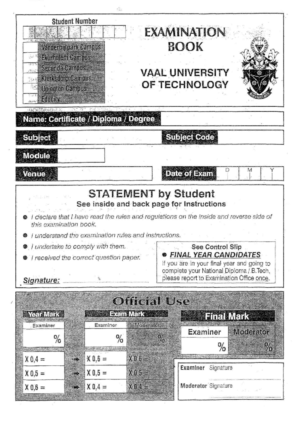 1 - NOTES - Student Number EXAMINATION Vanderbijlpark Campus BOOK ...