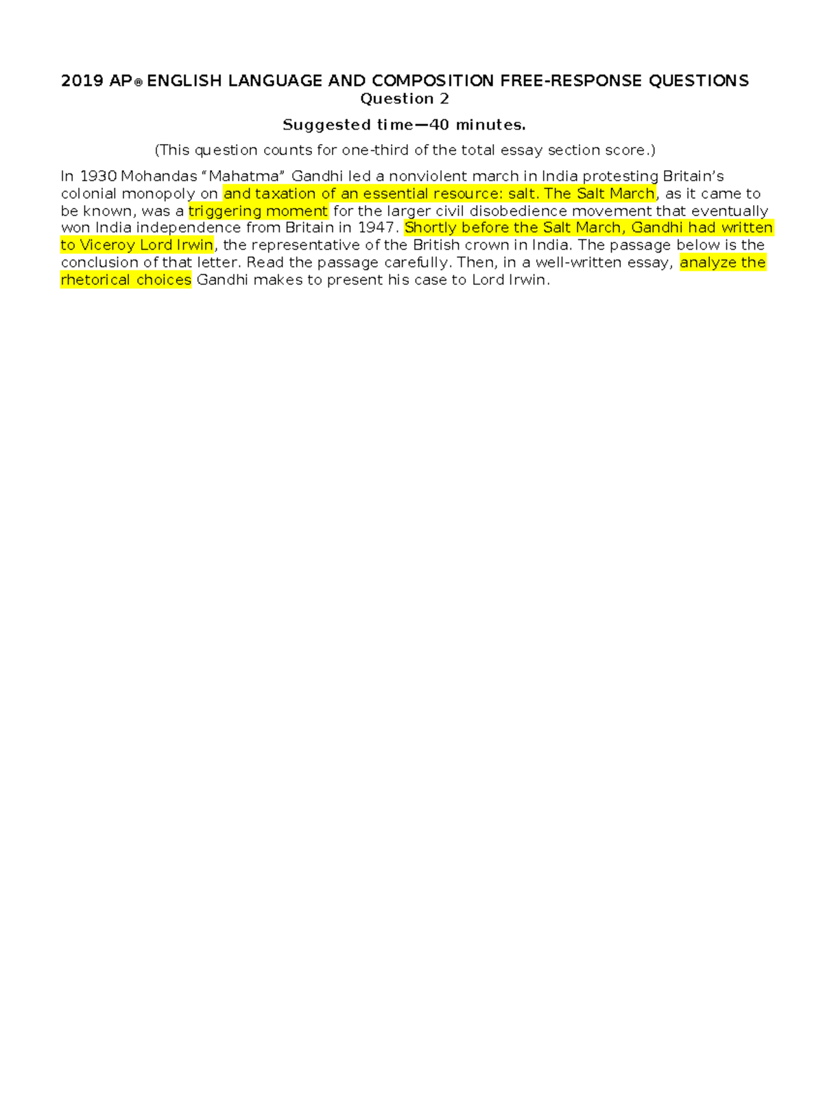 2019 AP - AP English Language & Comp Free-Response Analysis - Studocu