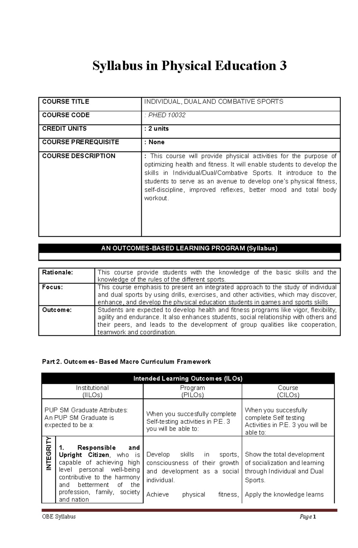Updated OBE Syllabus for PE 3: Individual, Dual & Combative Sports ...