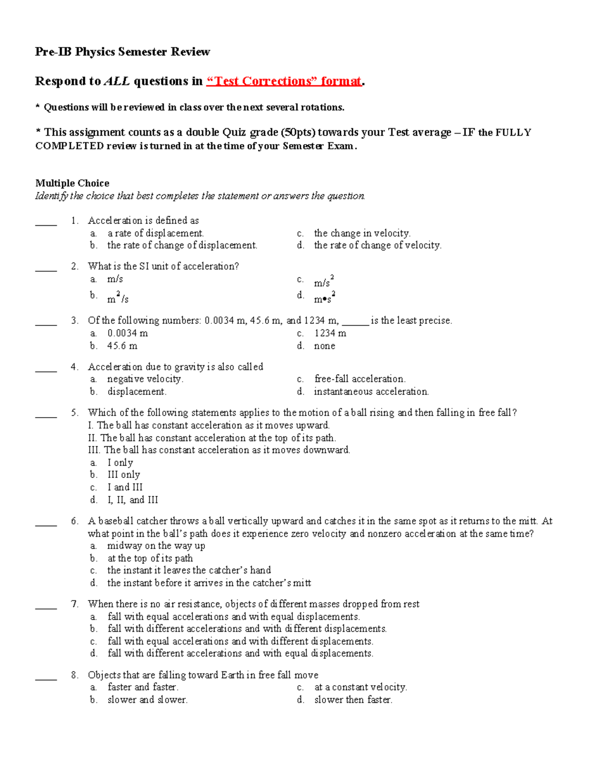 Pre-IB Physics 1 Final Exam Semester Review Guide - Studocu