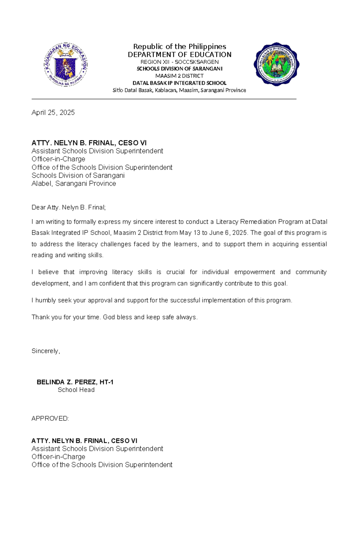 Intent Letter for Literacy Remediation Program (May 2025) - Studocu