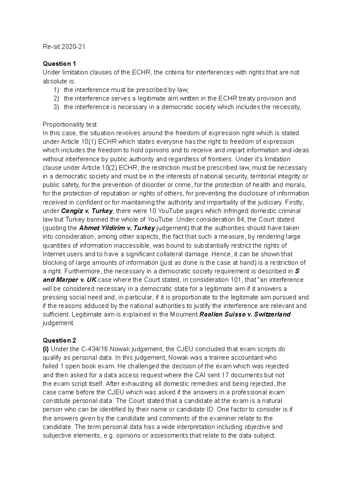 ECHR & GDPR Case Analysis: Rights, Limitations, and Proportionality ...