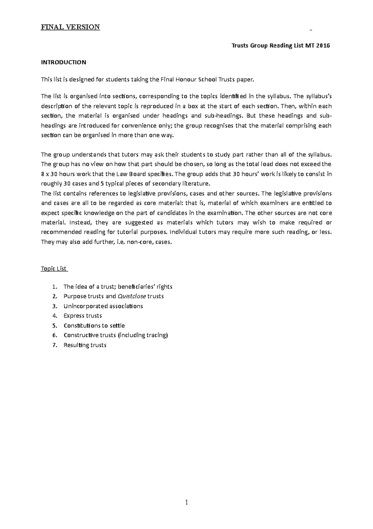 Trusts Group Study Guide: Key Cases & Concepts for Final Exam (MT 2016 ...