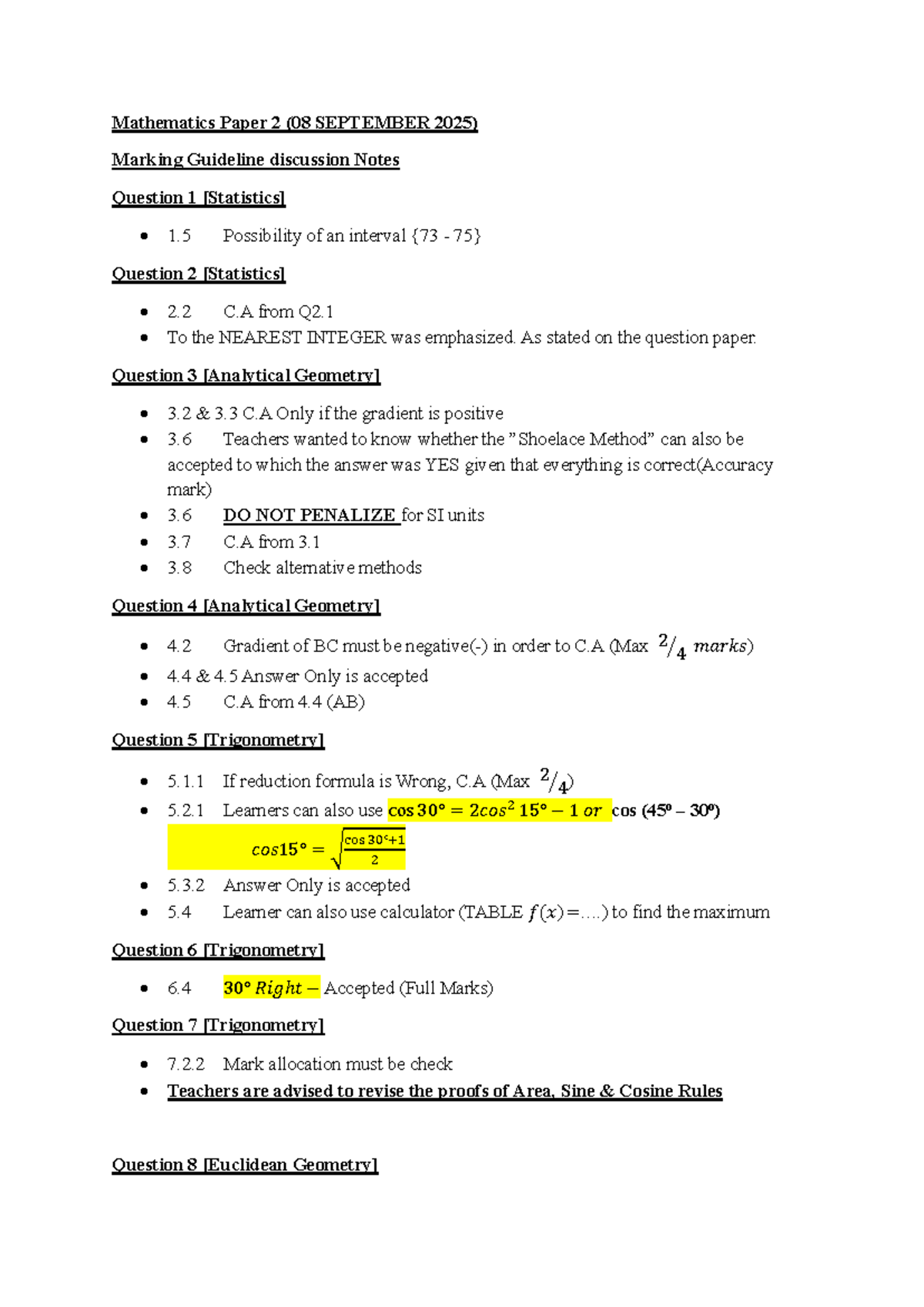 NW Mathematics Paper 2 (08 SEPT 2025) Marking Guideline Notes - Studocu