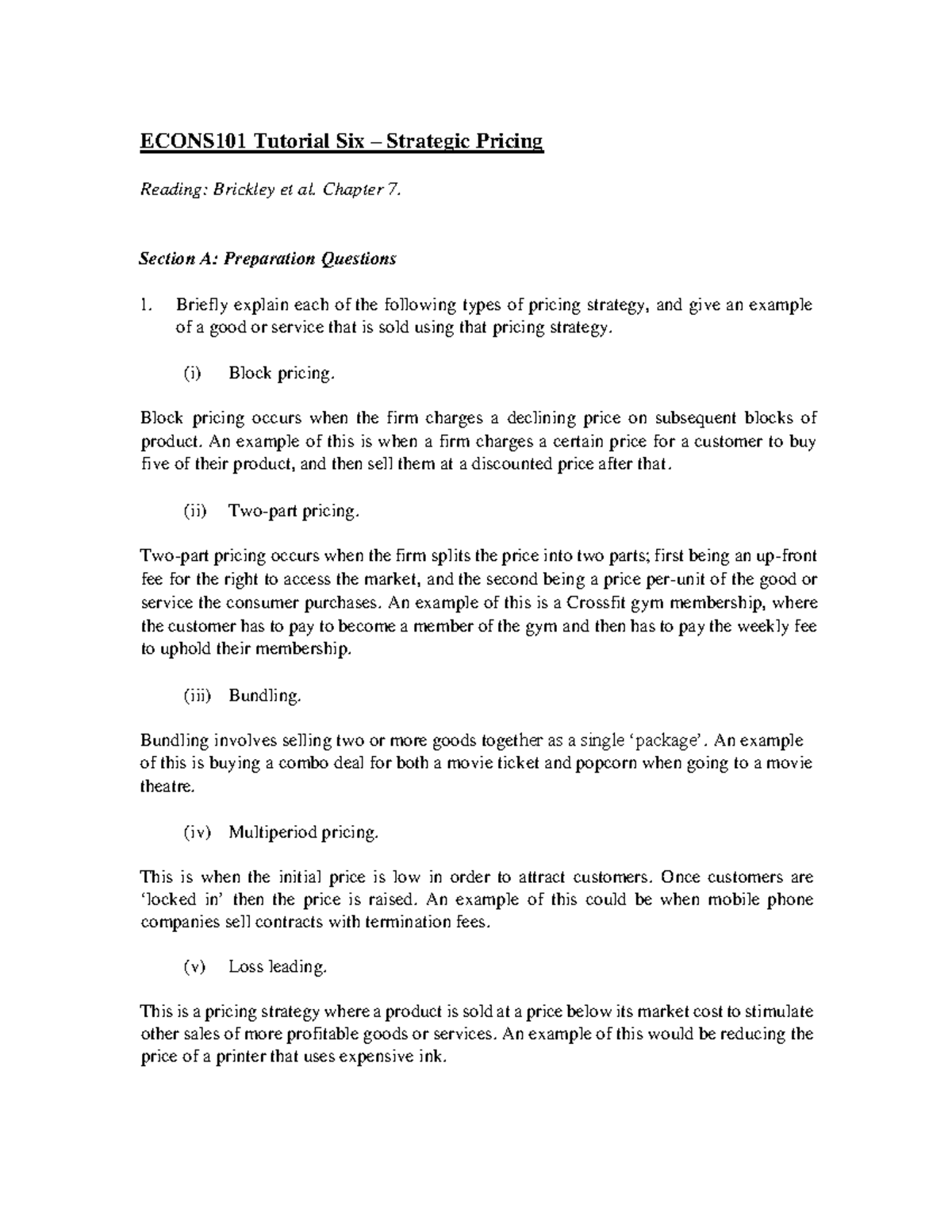 ECONS101 Tutorial 6: Strategies in Strategic Pricing Exam Prep - Studocu
