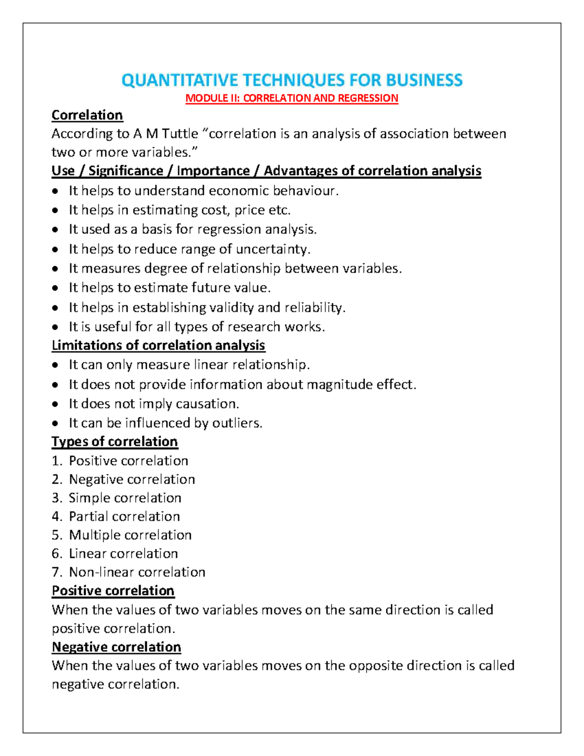 QT Module II: Correlation and Regression Analysis Notes - Studocu