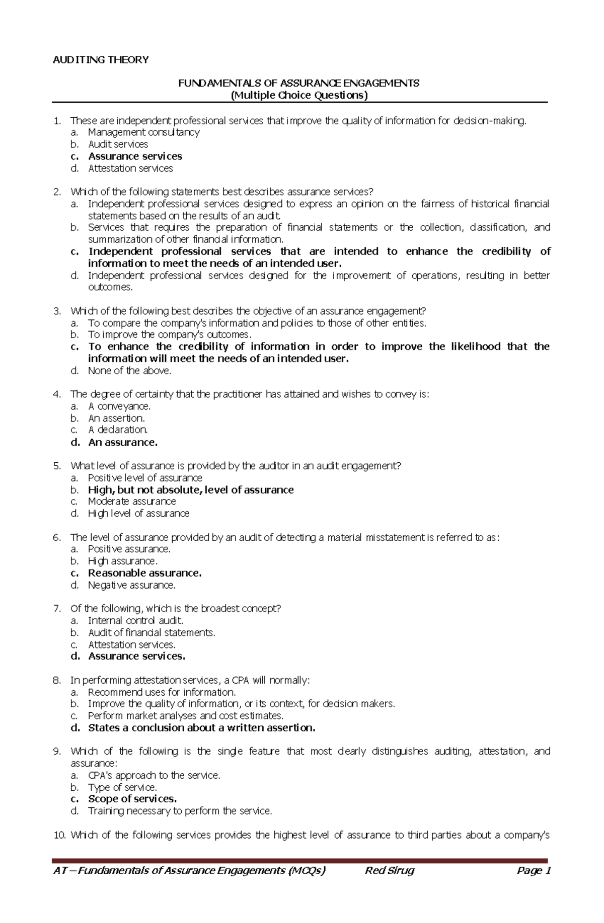 MCQ on Assurance Services (AUD-101) - Study Guide - Studocu