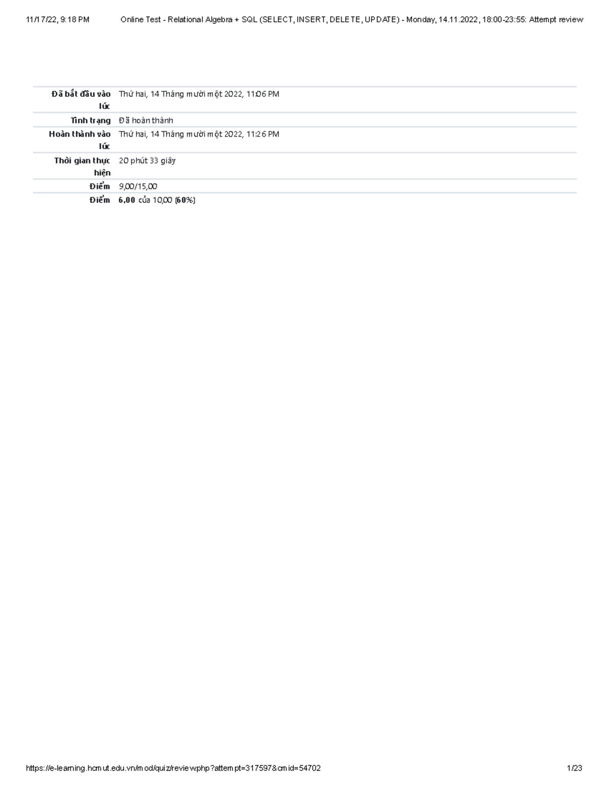 Online Test: SQL Relational Algebra for Database Management 14/11/2022 ...