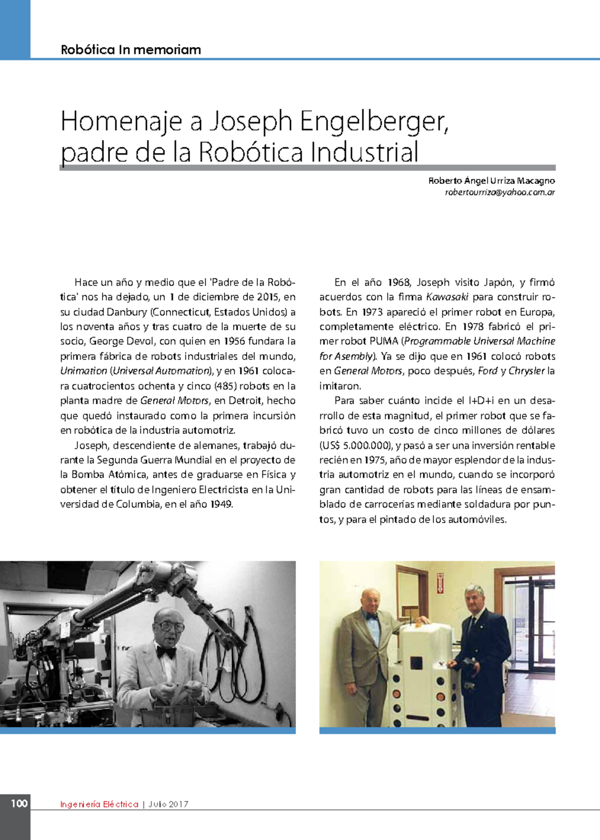 joseph engelberger - 100 Ingeniería Eléctrica | Julio 2017 Robótica In ...