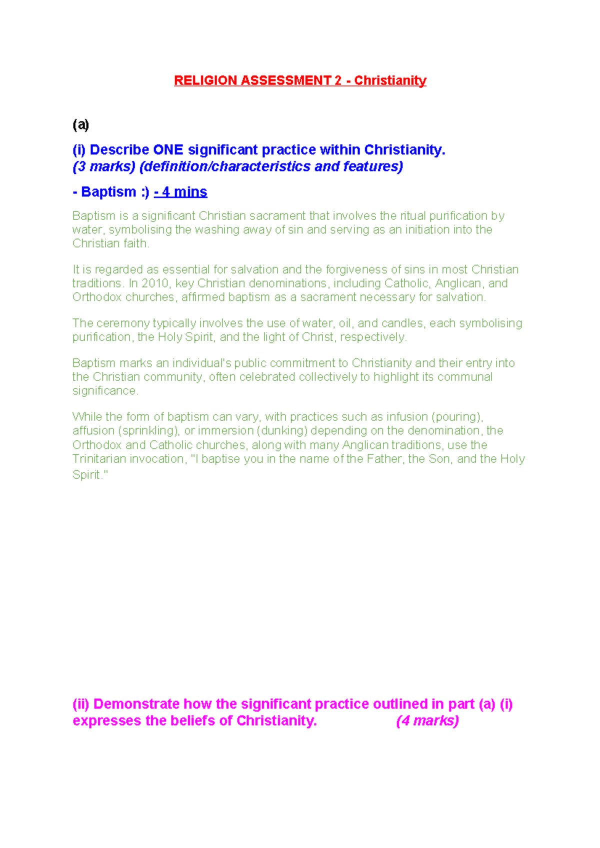 RELIGION ASSESSMENT 2: Christianity - Significance of Baptism and ...