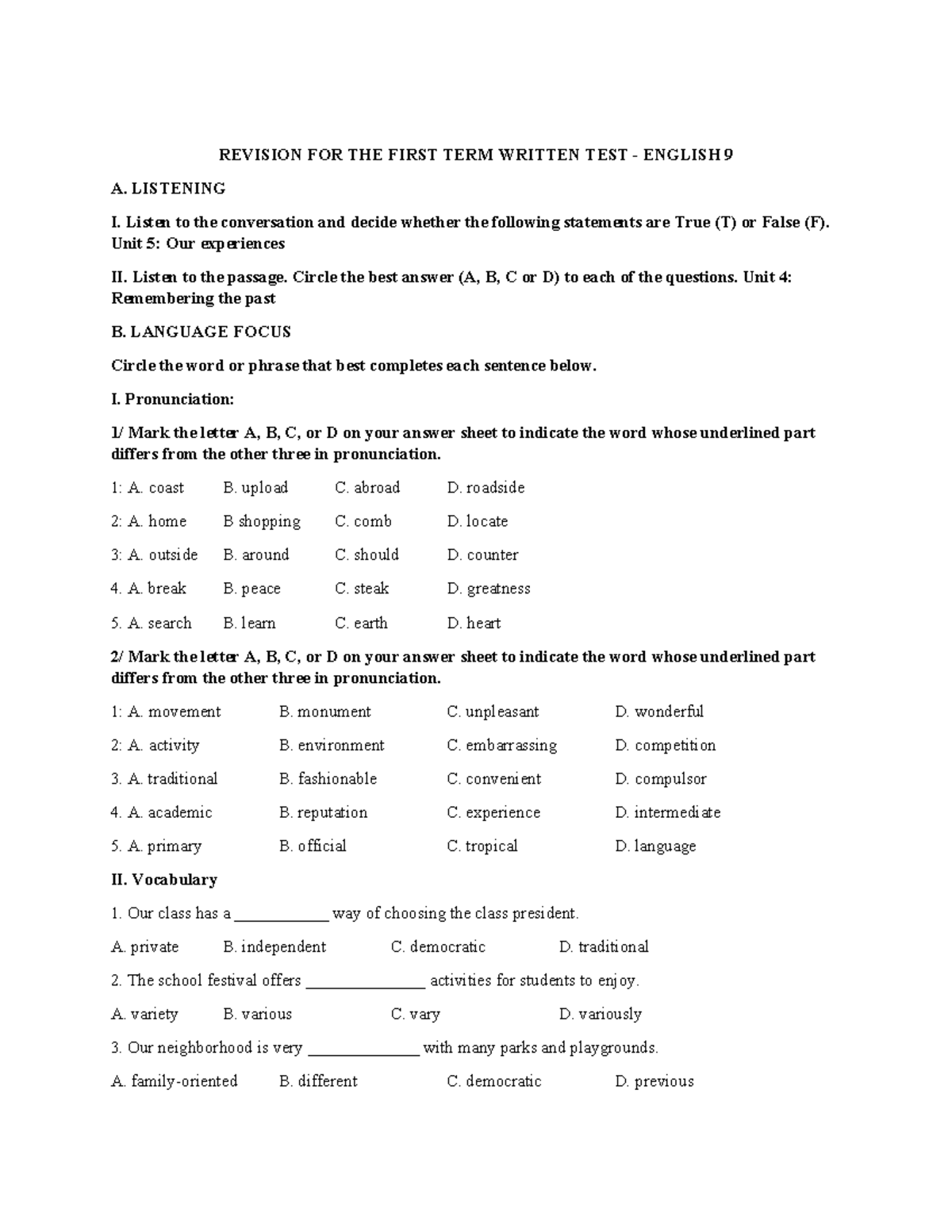 Revision for First Term Written Test - English 9 - Studocu