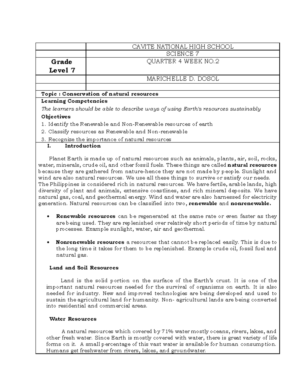 Grade 7 Science 7 Quarter 4 Week 2: Conservation of Natural Resources ...
