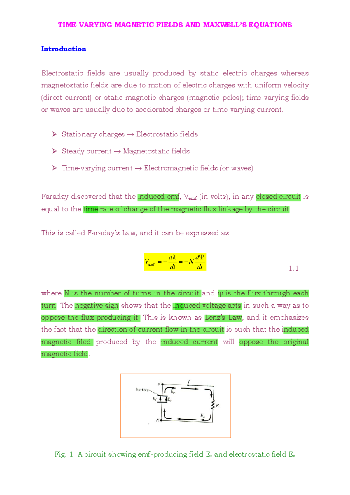 TIME VARYING MAGNETIC FIELDS AND EMF EQUATIONS (PHYS 101) - Studocu
