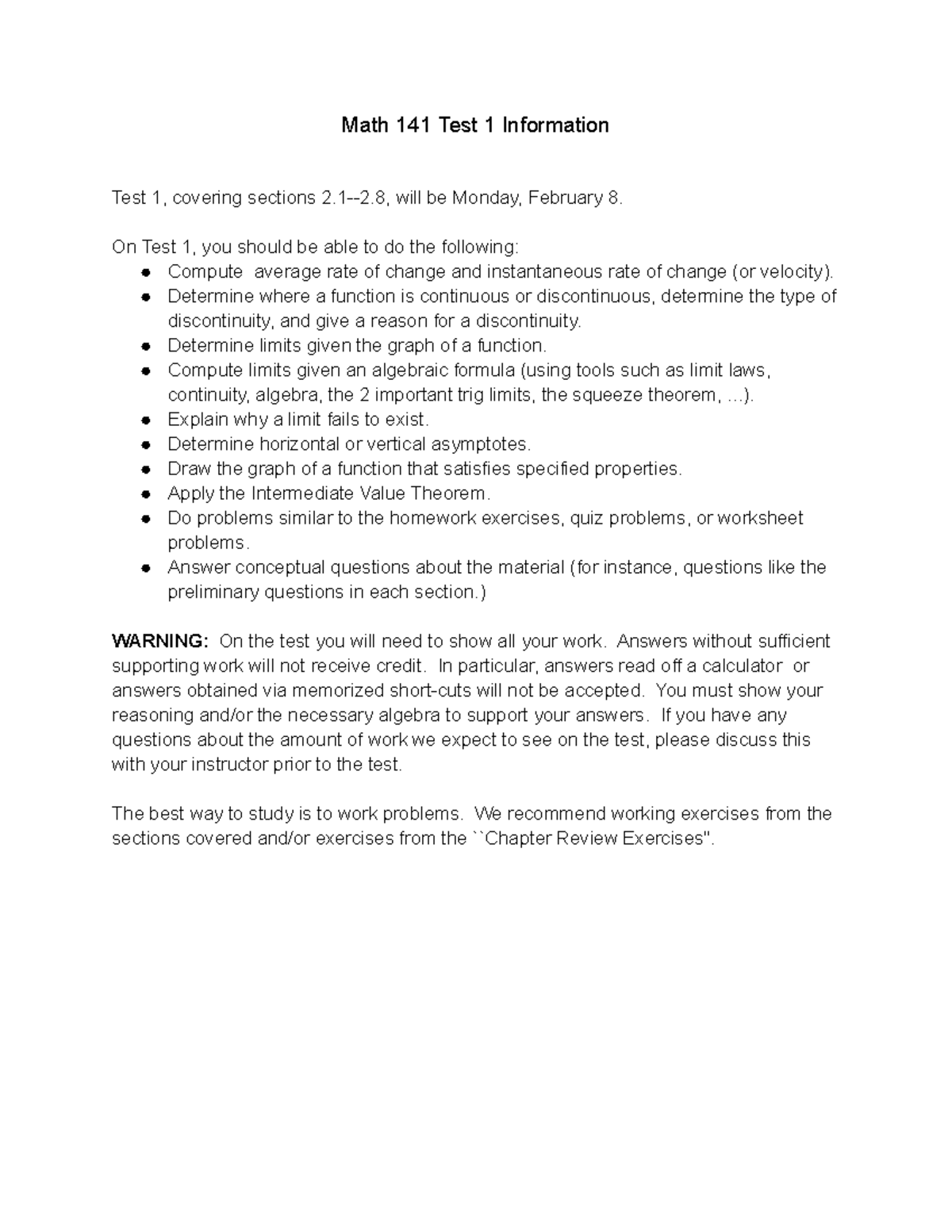 Math 141 Test 1 Information - Math 141 Test 1 Information Test 1 ...