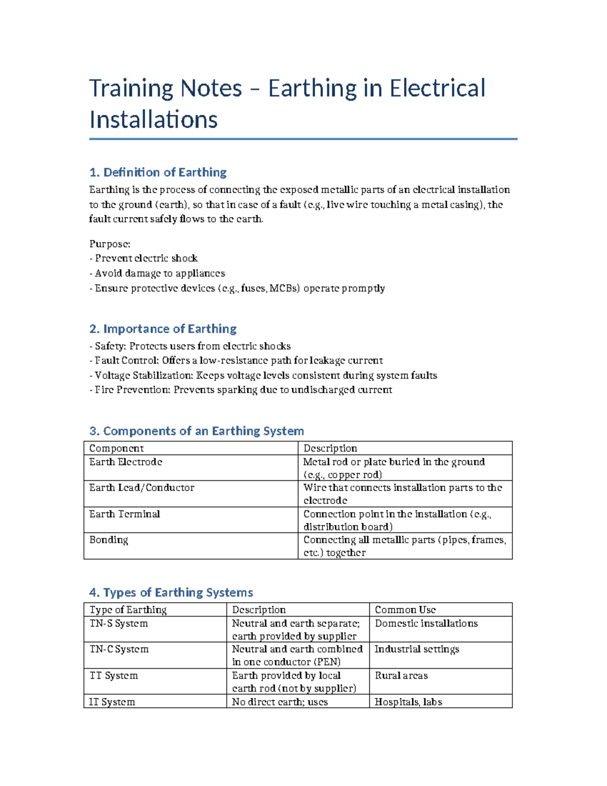 Training Notes on Earthing in Electrical Installations (Level 3) - Studocu