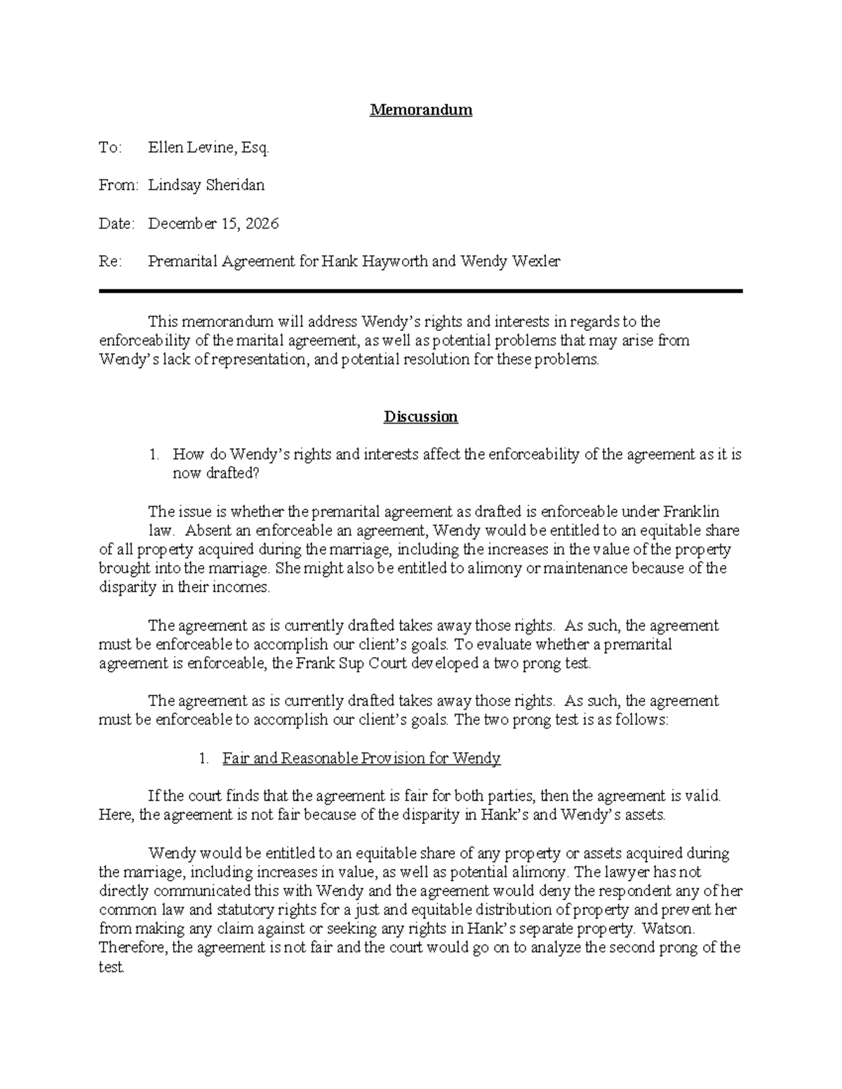Premarital Agreement Analysis for Hayworth-Wexler (MPT) - Studocu