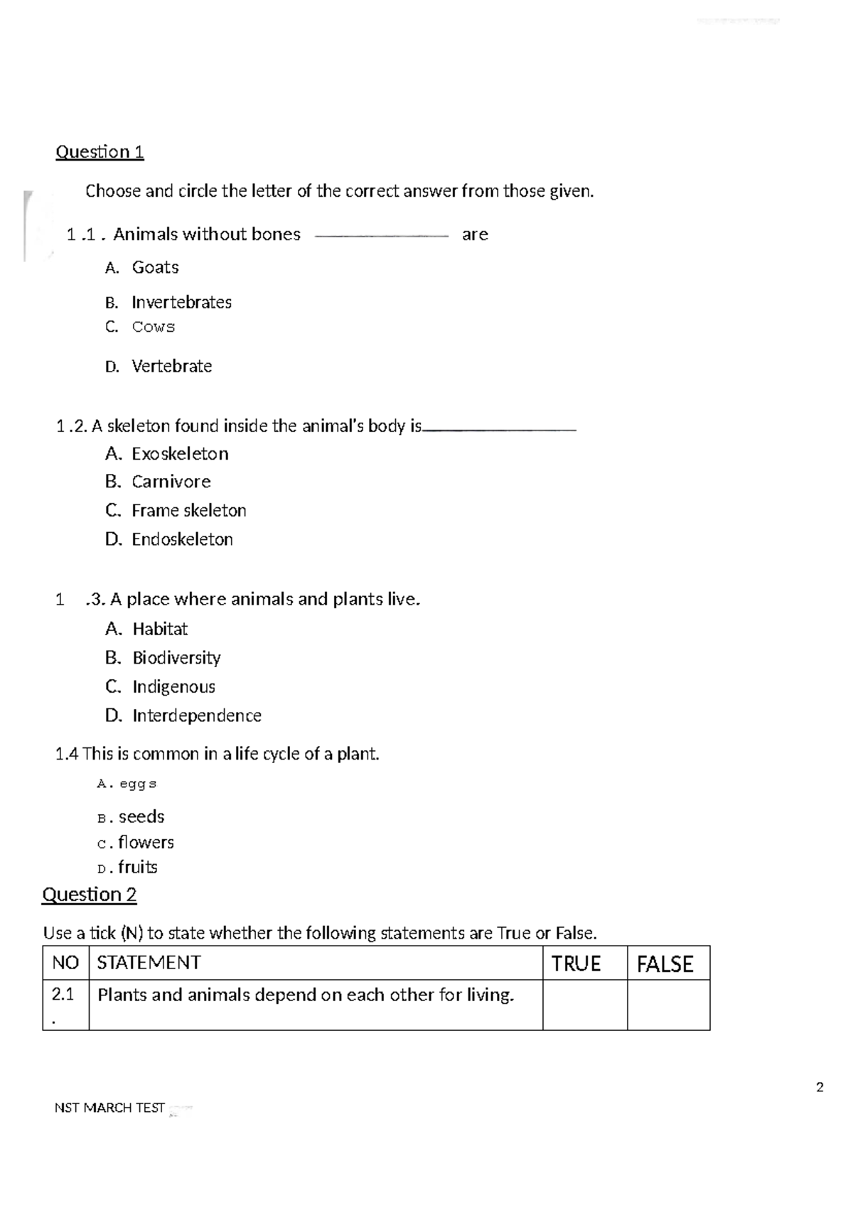 NST 2nd Term March Test: Animal Biology & Life Cycles - Studocu