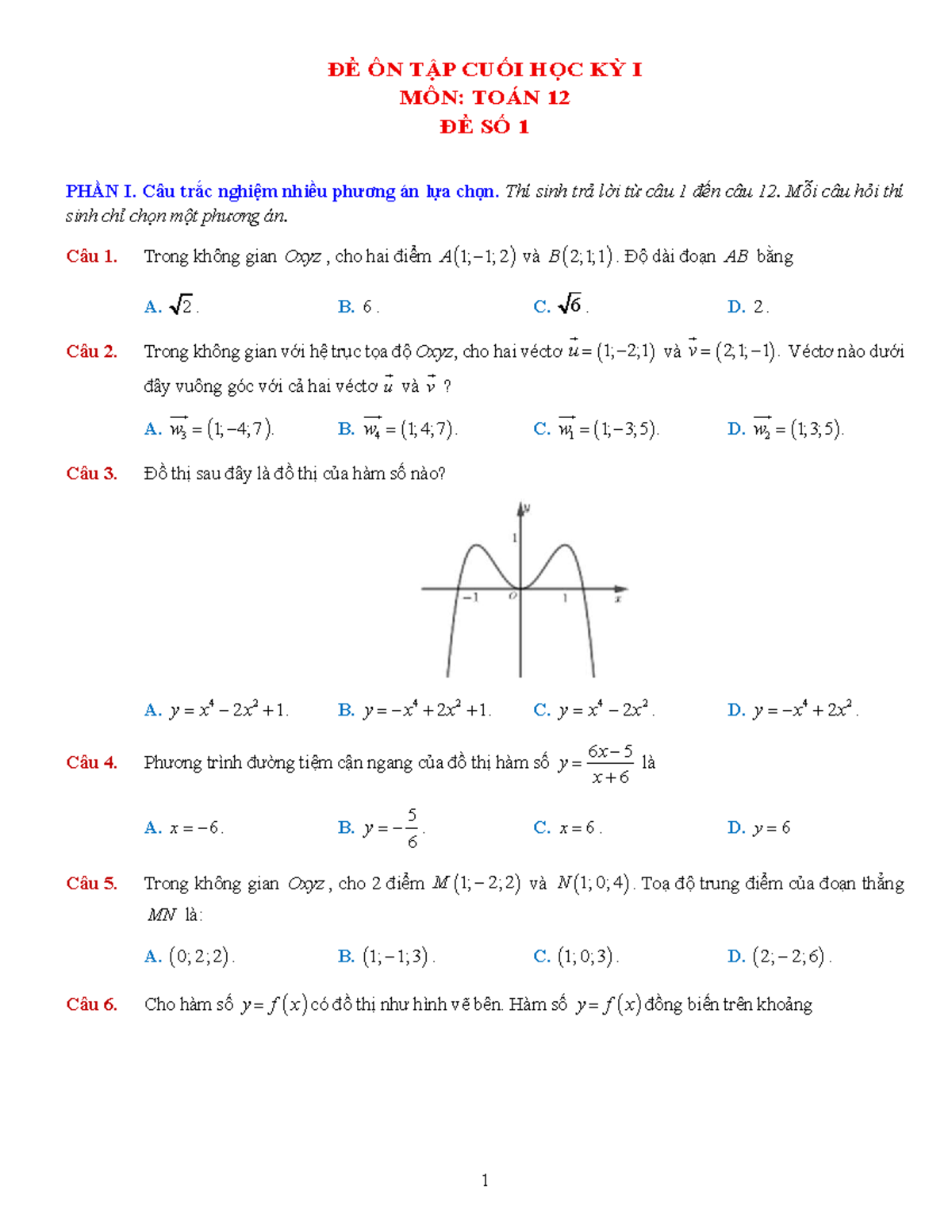 ĐỀ ÔN TẬP CUỐI HỌC KỲ I MÔN TOÁN 12 - ĐỀ SỐ 1 - Studocu