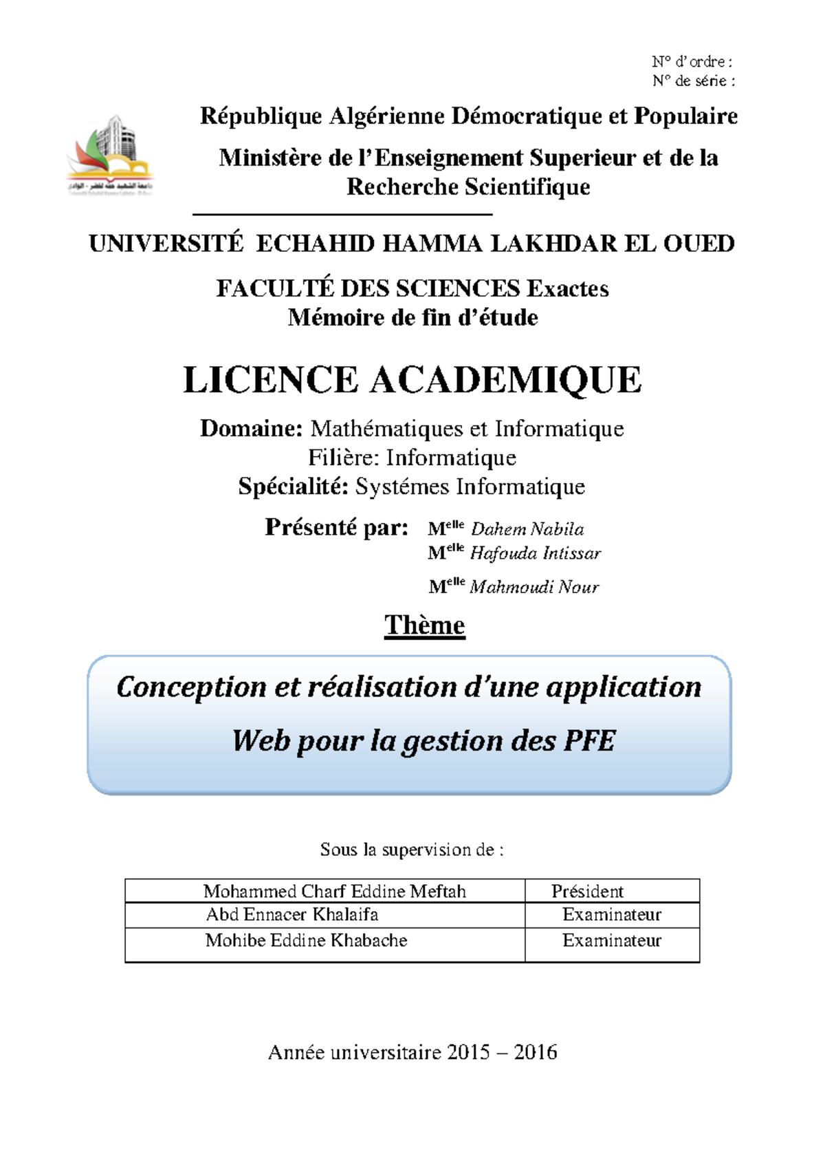 Conception et Réalisation d'une Application Web pour la Gestion des PFE ...