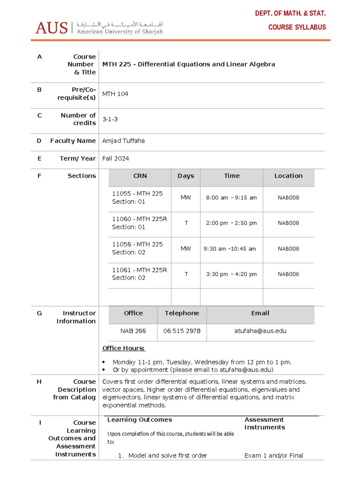 MTH 225 Syllabus: Differential Equations & Linear Algebra (Fall 2024 ...