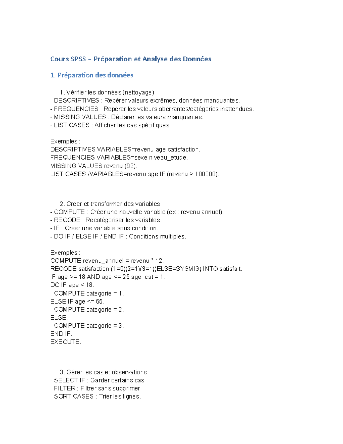 SPSS Cours: Préparation et Analyse des Données 1 - Guide Complet - Studocu