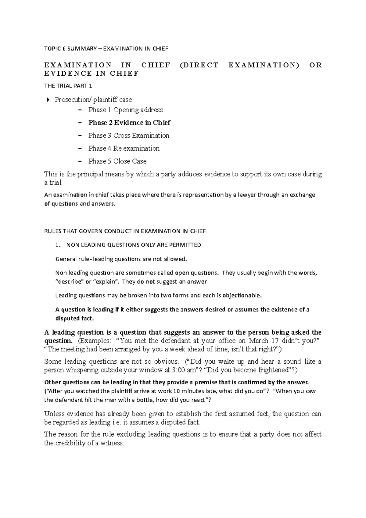 Topic 6 Summary - Part 2: Examination in Chief Overview - Studocu