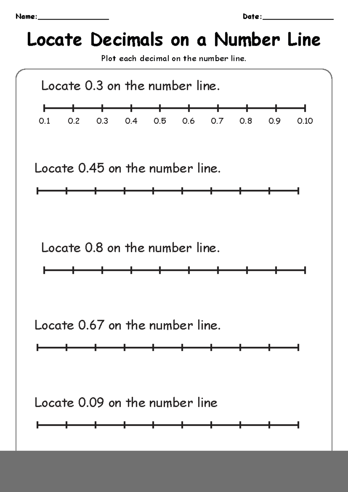 Locate Decimals on a Number Line - 4th Grade Worksheet - Plot each ...