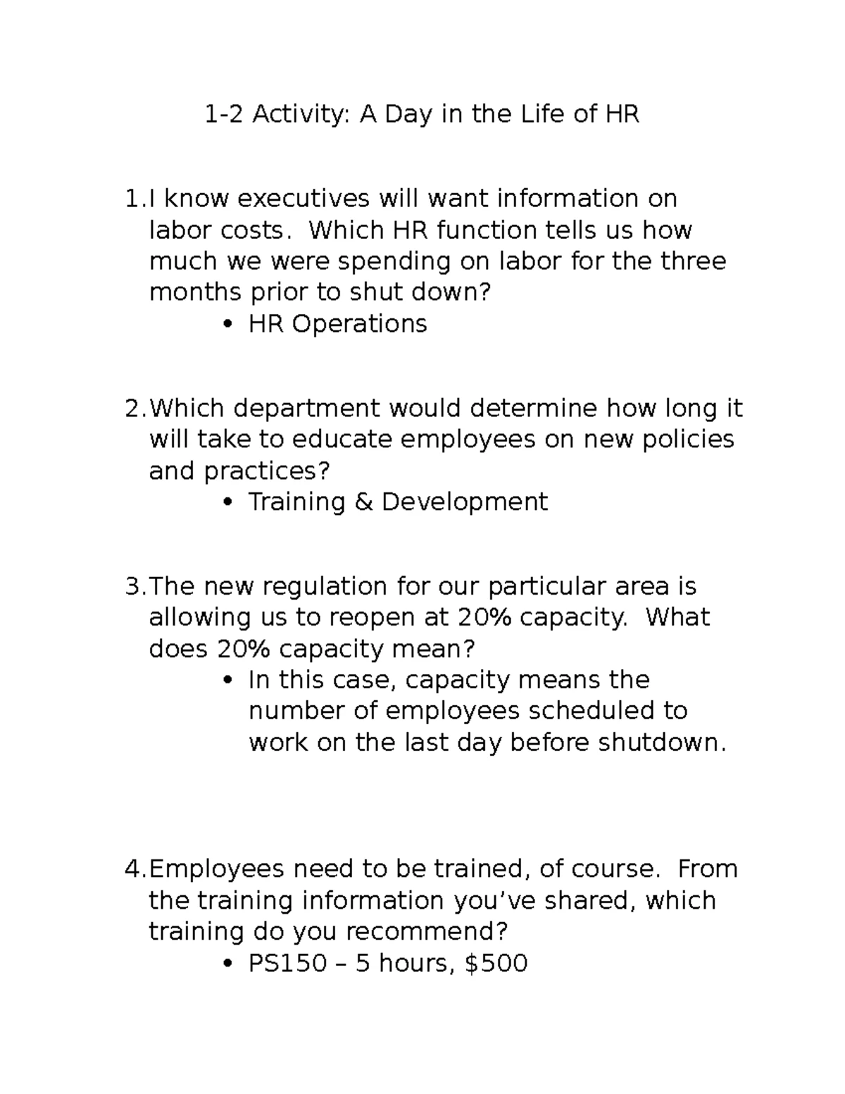 HR 1-2 Activity - Understanding HR Functions and Training Needs - Studocu