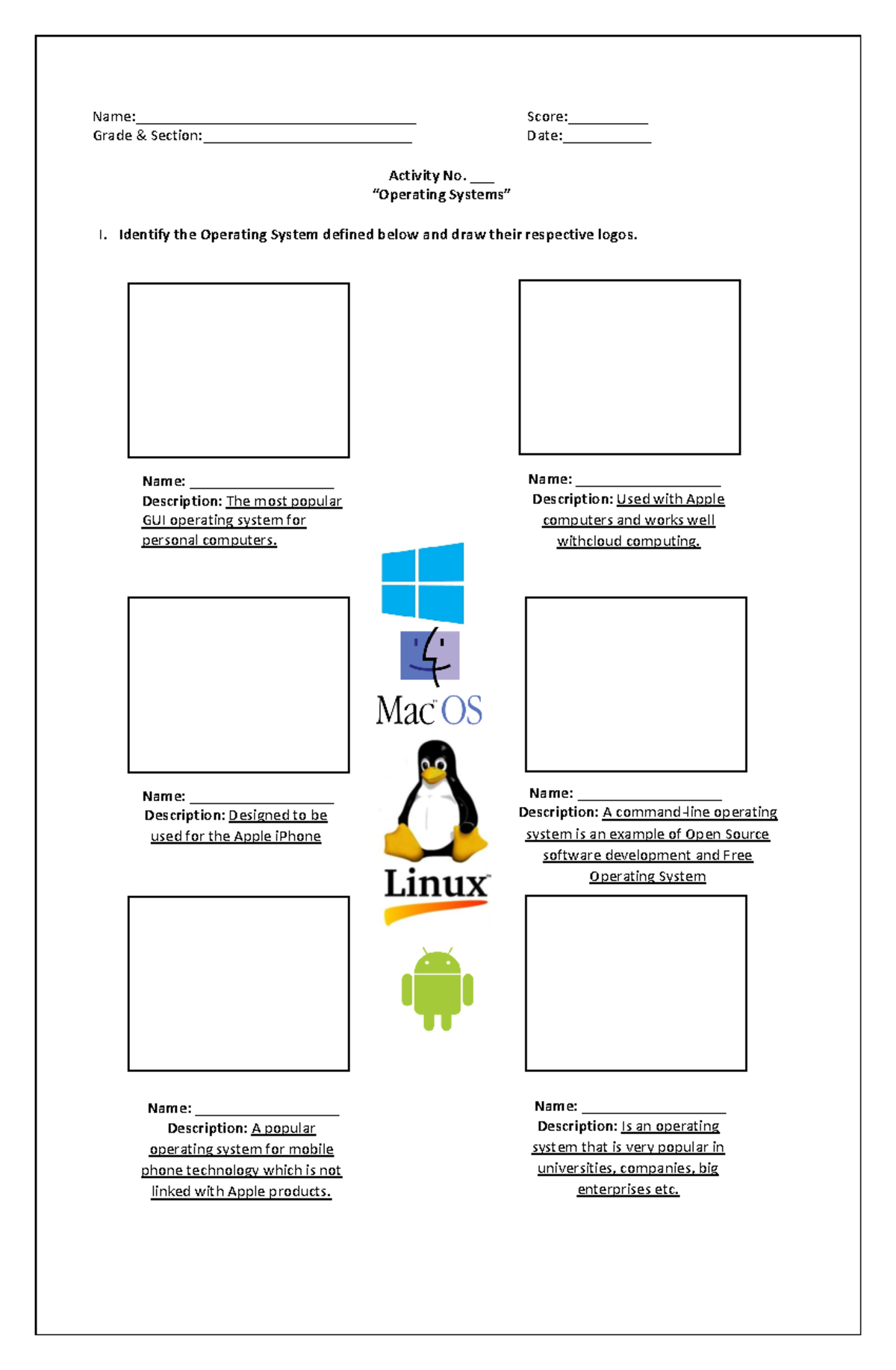 Activity Sheet - Operating Systems - Name ...