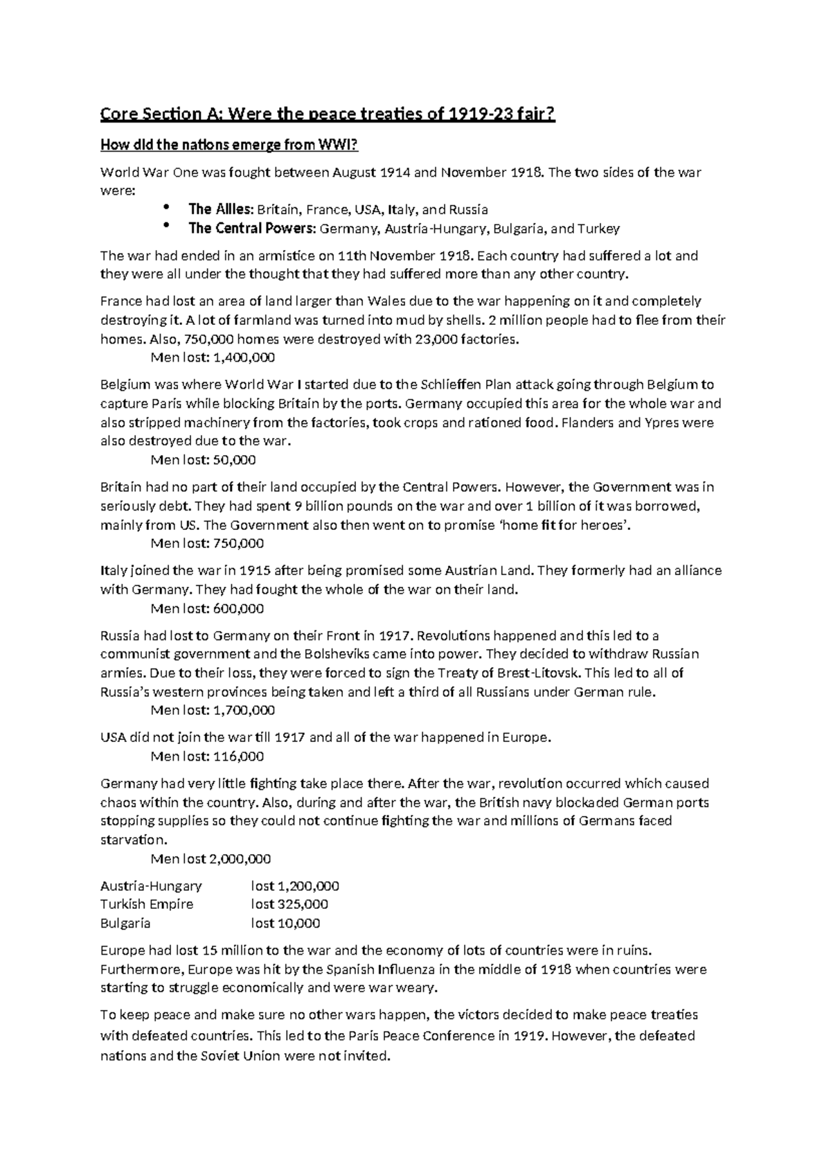 Core Section A: Were the peace treaties fair? An analysis of WWI ...