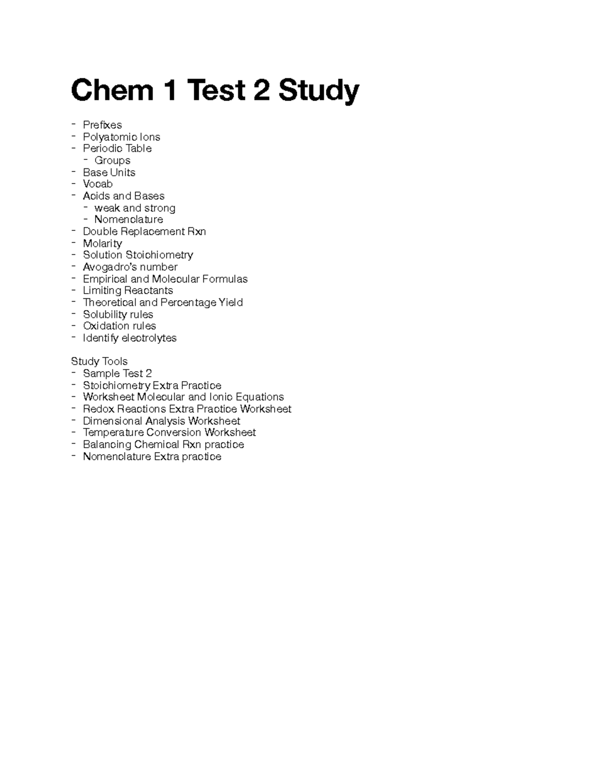 Chem 1 Test 2 Study Guide: Key Concepts and Practice Worksheets - Chem ...