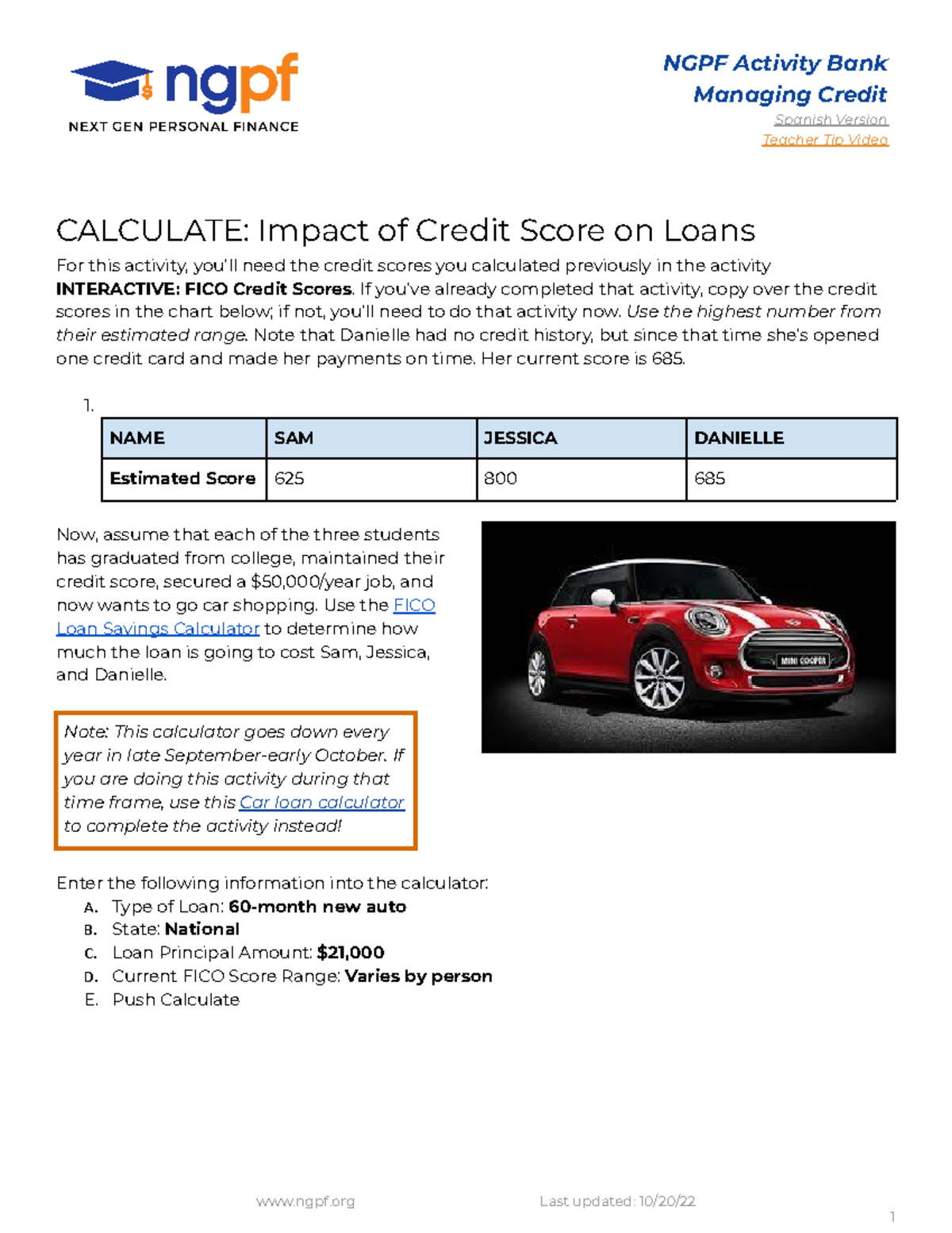 Calculate Impact of Credit Score on Loans Activity (NGPF) - Studocu