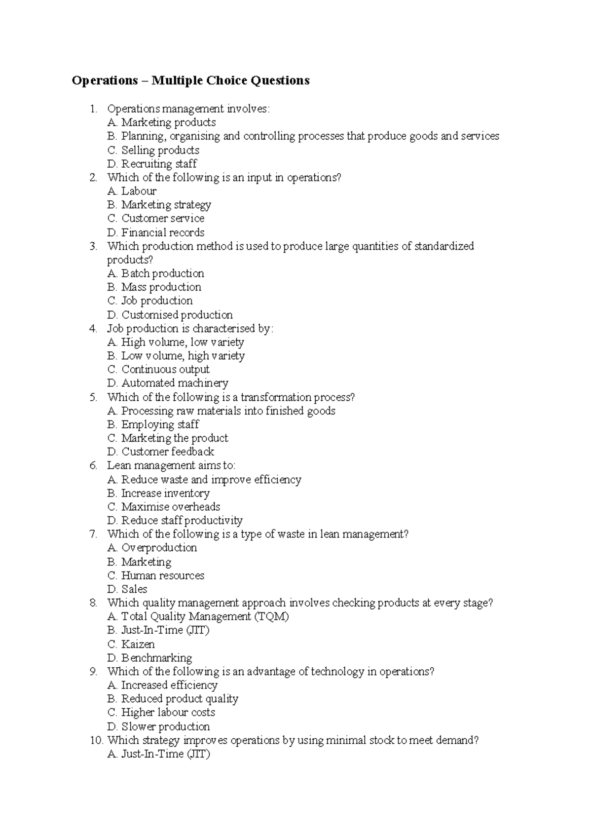 Operations Management MCQ & Short Answer Questions (OPS) - Studocu