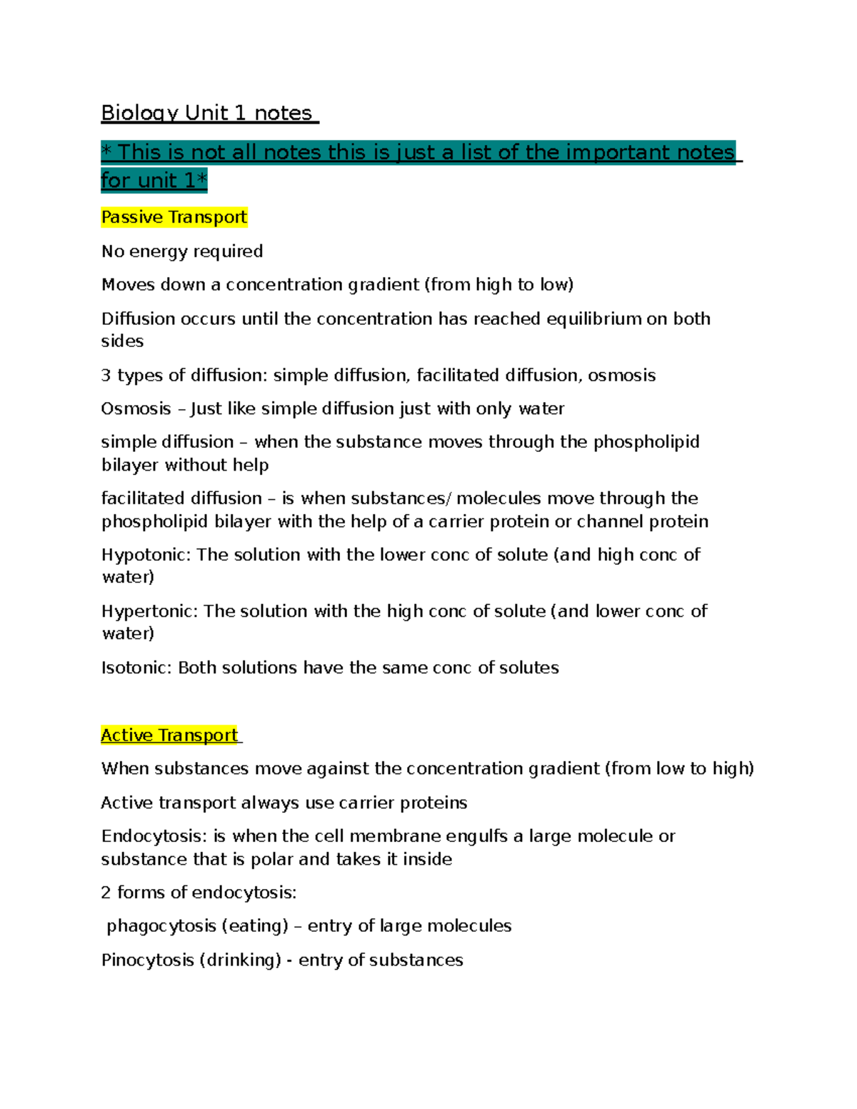 Biology unit 1 notes - Biology Unit 1 notes * This is not all notes ...